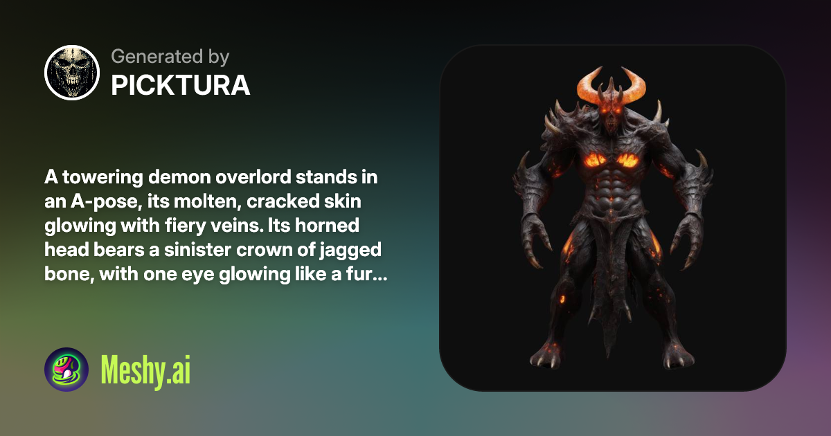 "A towering demon overlord stands in an A-pose, its molten, cracked ...