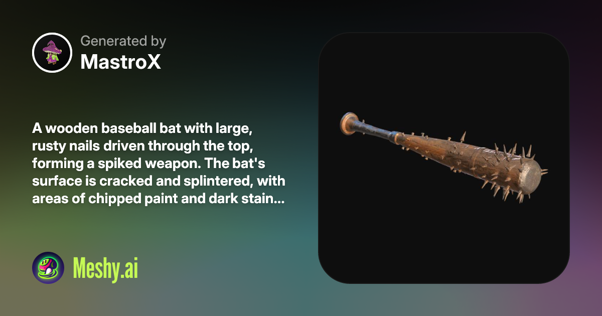 "A wooden baseball bat with large, rusty nails driven through the top ...