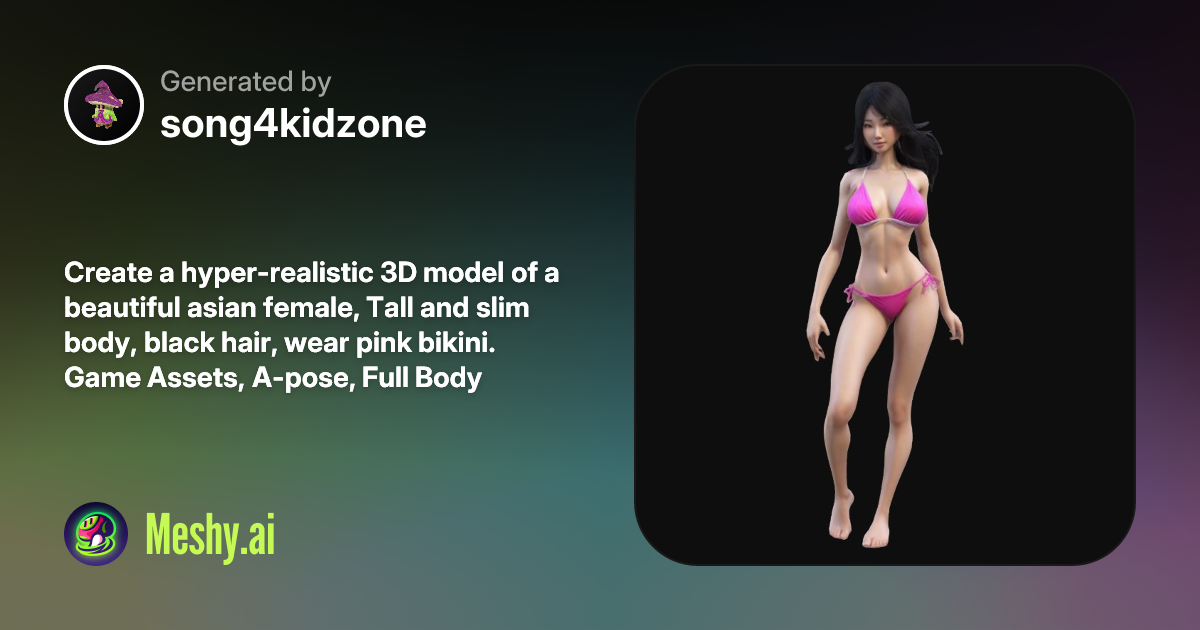 "Create a hyper-realistic 3D model of a beautiful asian female, Tall and slim body, black hair ...