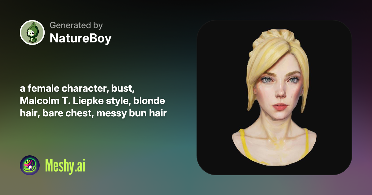 "a female character, bust, Malcolm T. Liepke style, blonde hair, bare chest, messy bun hair ...