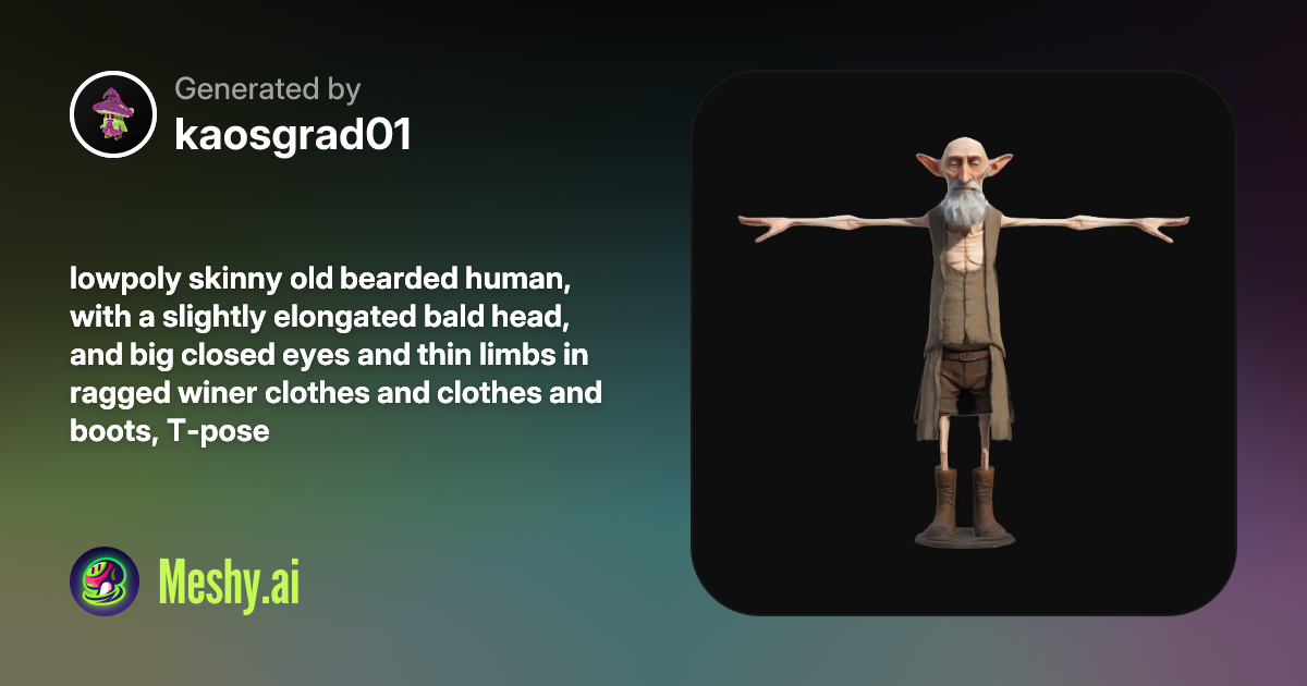 "lowpoly skinny old bearded human, with a slightly elongated bald head, and big closed eyes and ...